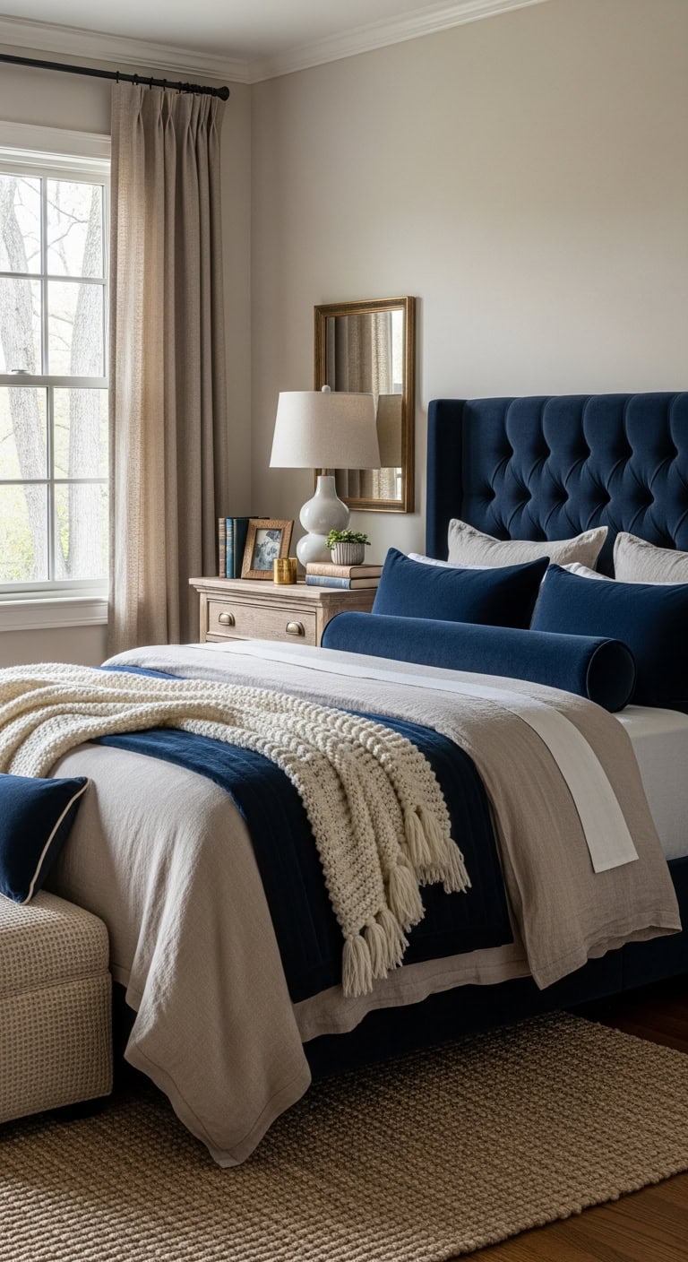 23 Navy Blue and Beige Bedroom Ideas That Feel Nautical and Chic